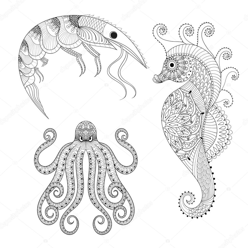 Hand drawn zentangle Shrimp, Sea Horse, Octopus for adult anti s Stock ...