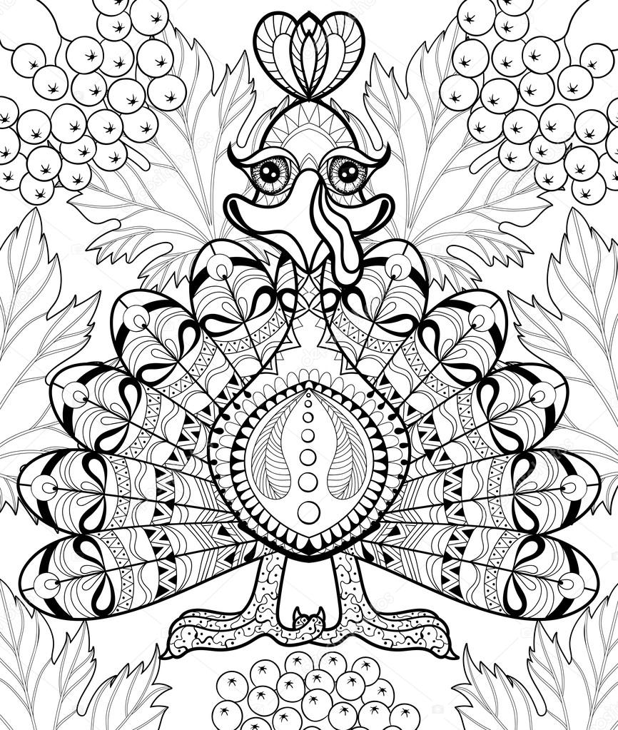 Zentangle stylized Turkey with autumn leaves for Thanksgiving da Stock ...