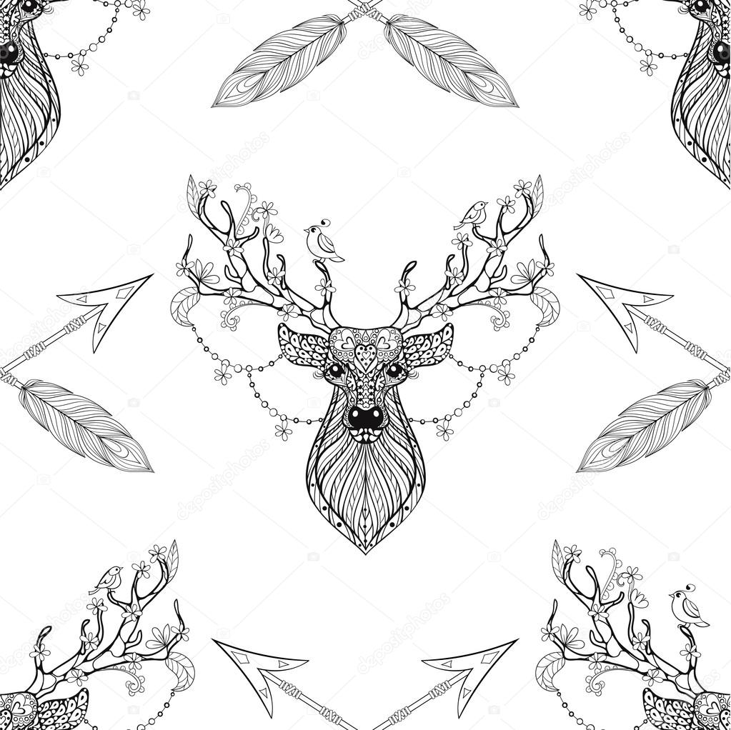 Magic deer with arrows seamless pattern in zentangle style. Free ...