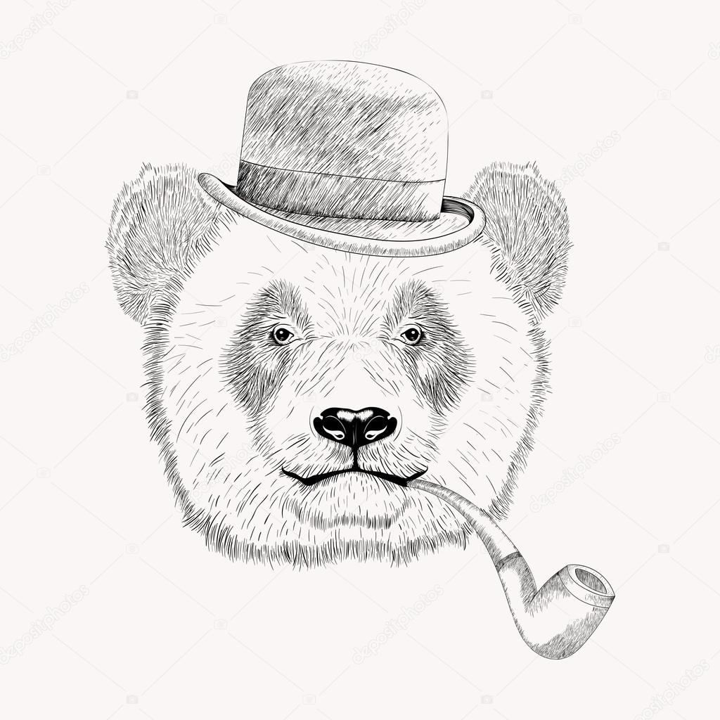 Sketch panda face with black bowler hat and tobacco pipe. Hand d ⬇ ...