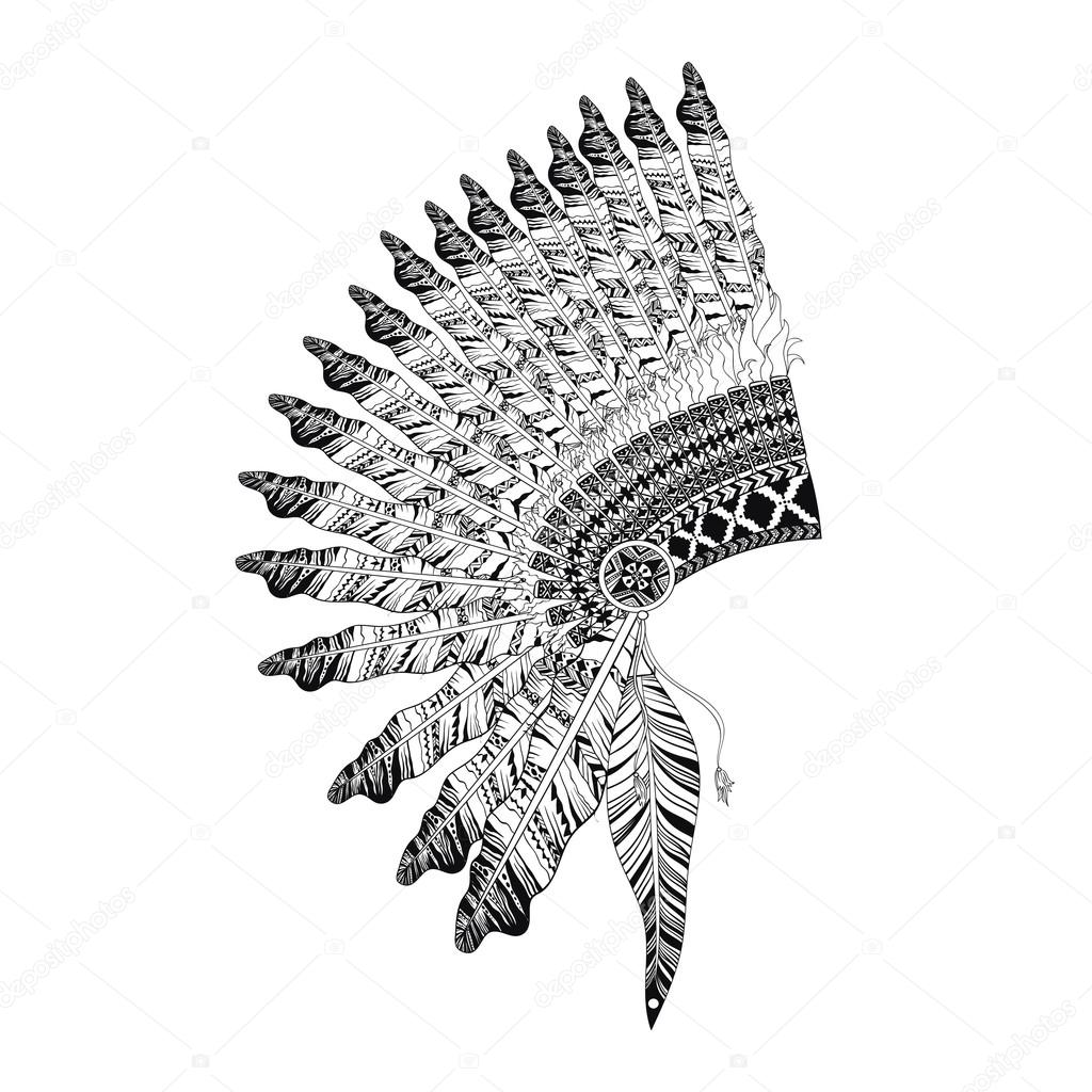 Bannet Guerra emplumada en estilo zentangle, tocado alto datailed 2024