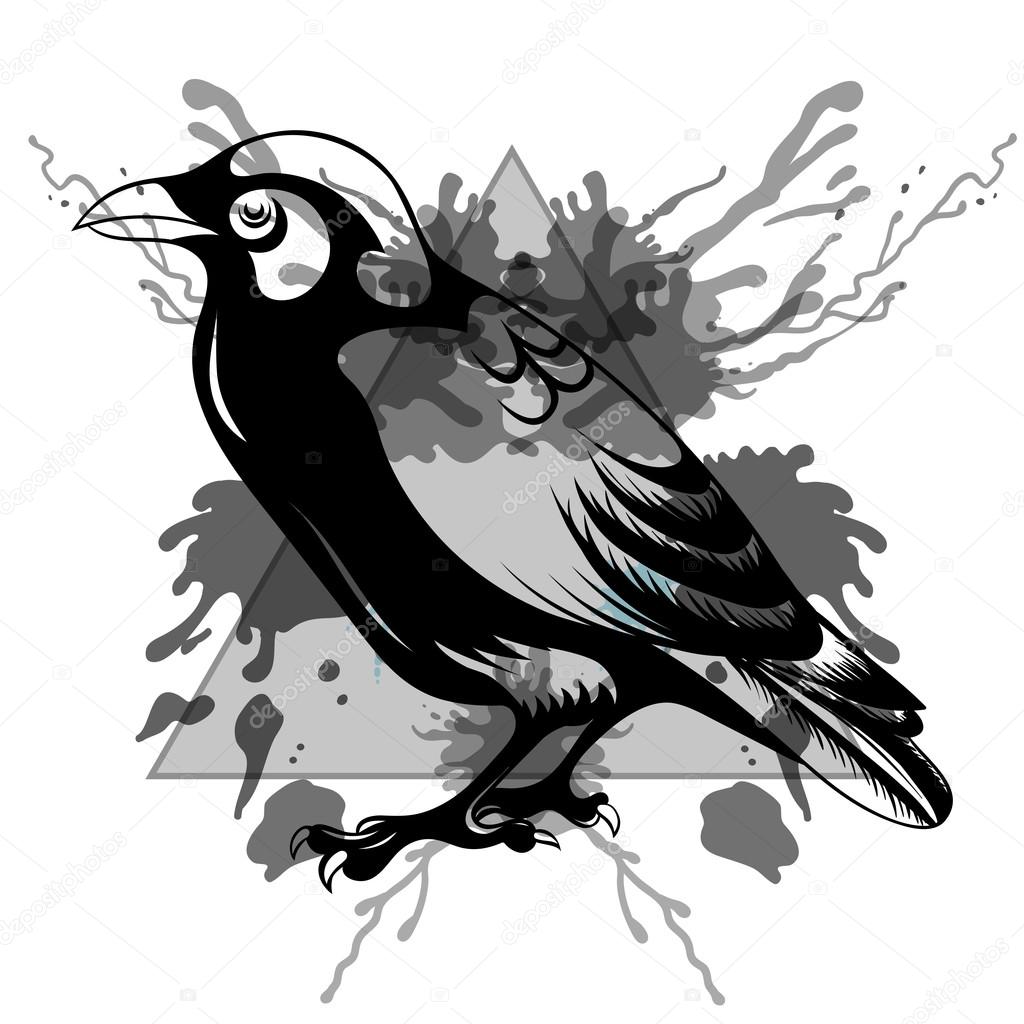 Sketch Black Raven en marco triangular con gota de tinta de acuarela. H ...