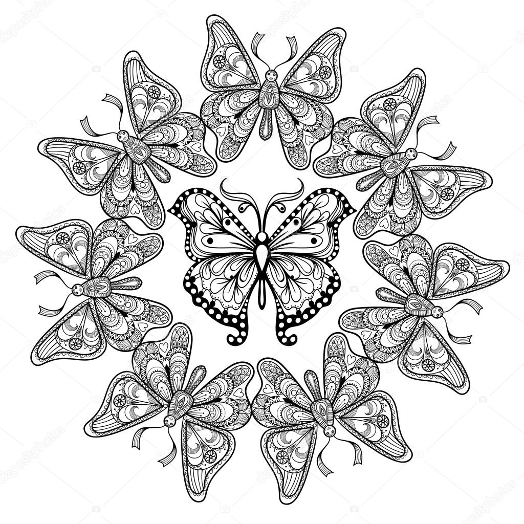 Zentangle Vector Circle Of Flying Butterflies For Adult Anti Str Stock