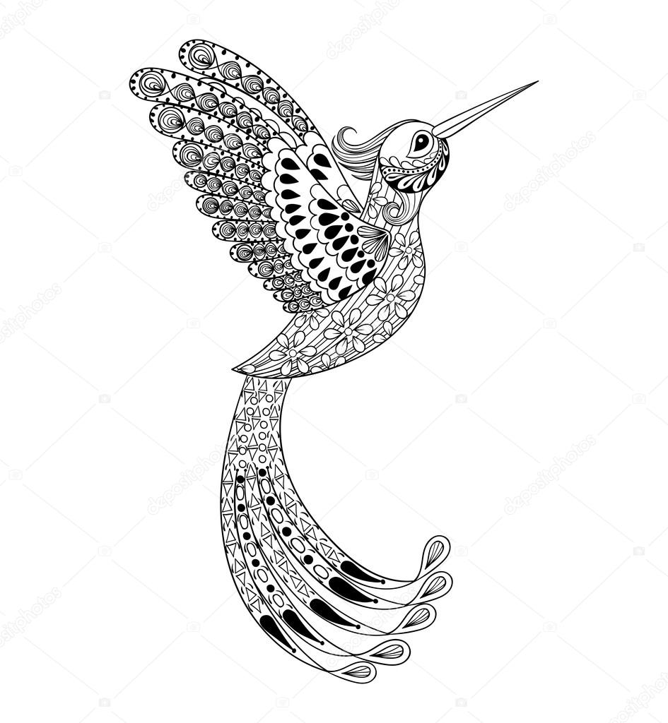 Zentangle hand drawn artistically Hummingbird, flying bird triba ...