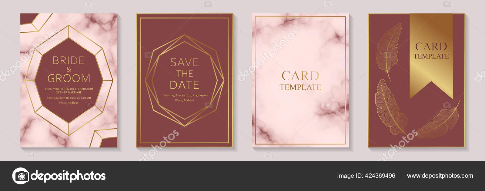 Set Wedding Invitation Card Templates Pink Marble Texture Golden Frames ...