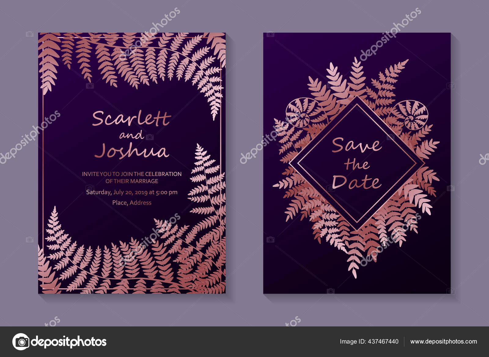 Floral Wedding Invitation Design Greeting Card Templates Rose Gold Fern ...