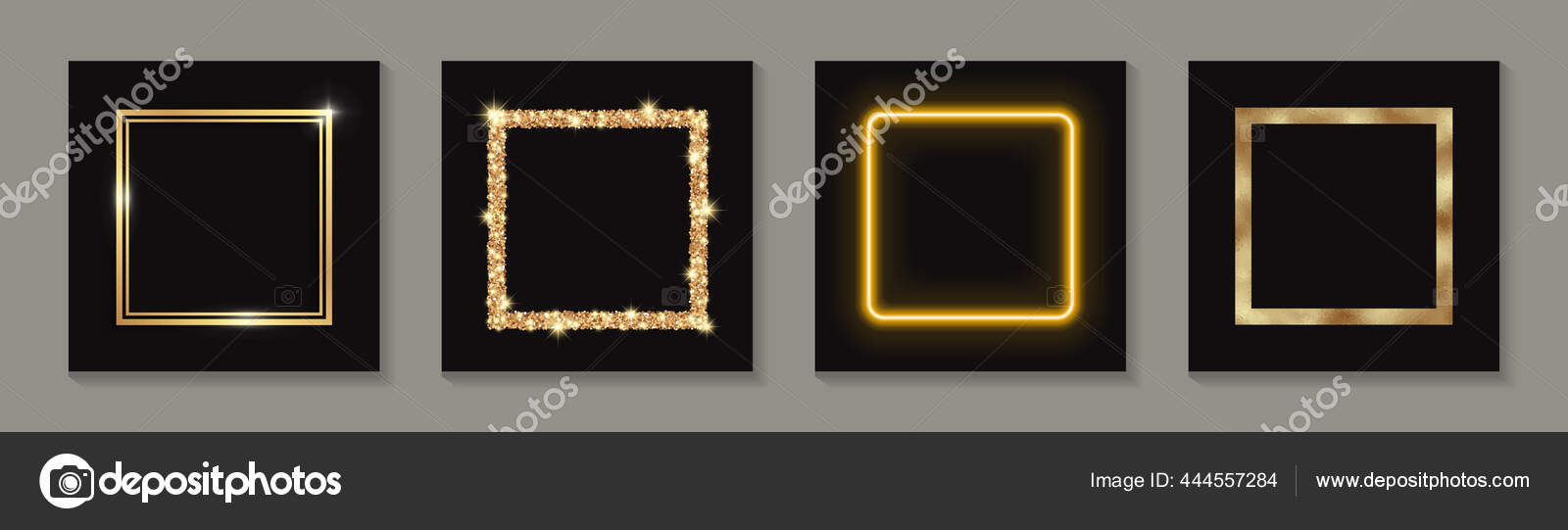 Set Golden Shining Frames Glittering Neon Foil Squares Black Background ...