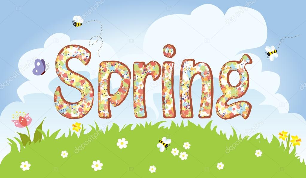 Cute Spring Design Flowers Bee Colorful Butterfly Clouds Daffodils ...