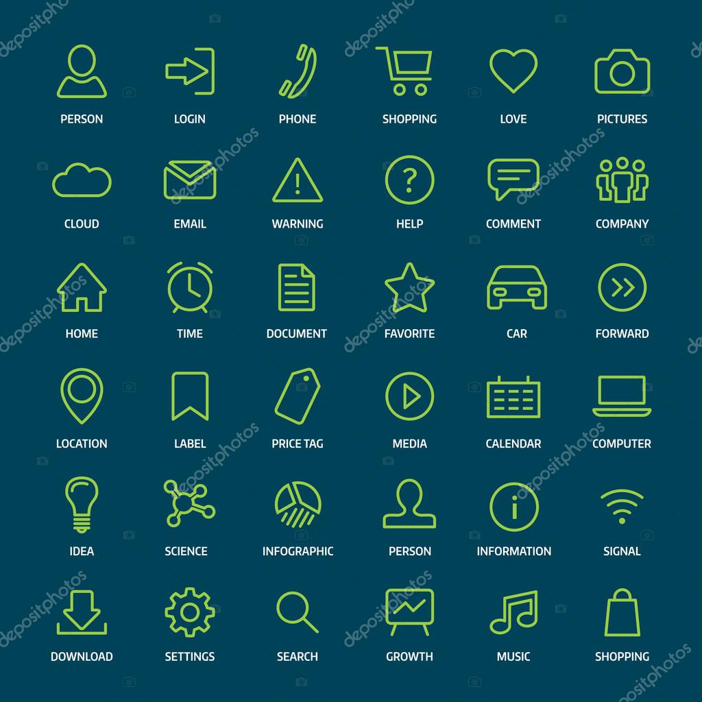 Conjunto de iconos básicos de contorno verde para impresión o web 2022