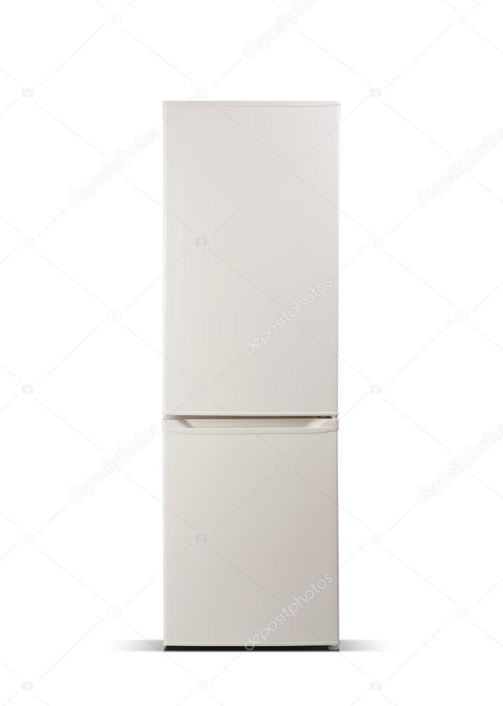 Beige tall refrigerator. Fidge freezer isolated on white Stock Photo by ...