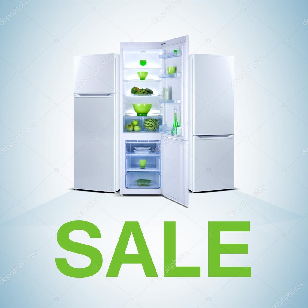 Three refrigerators, open door, Class A plus, SALE word, fresh food ...