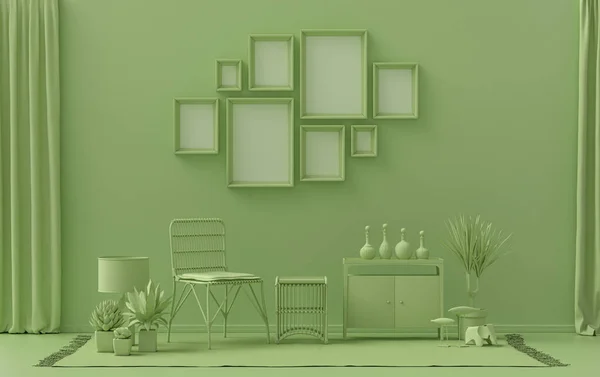 Modern interior flat light green color room with furnitures and plants ...