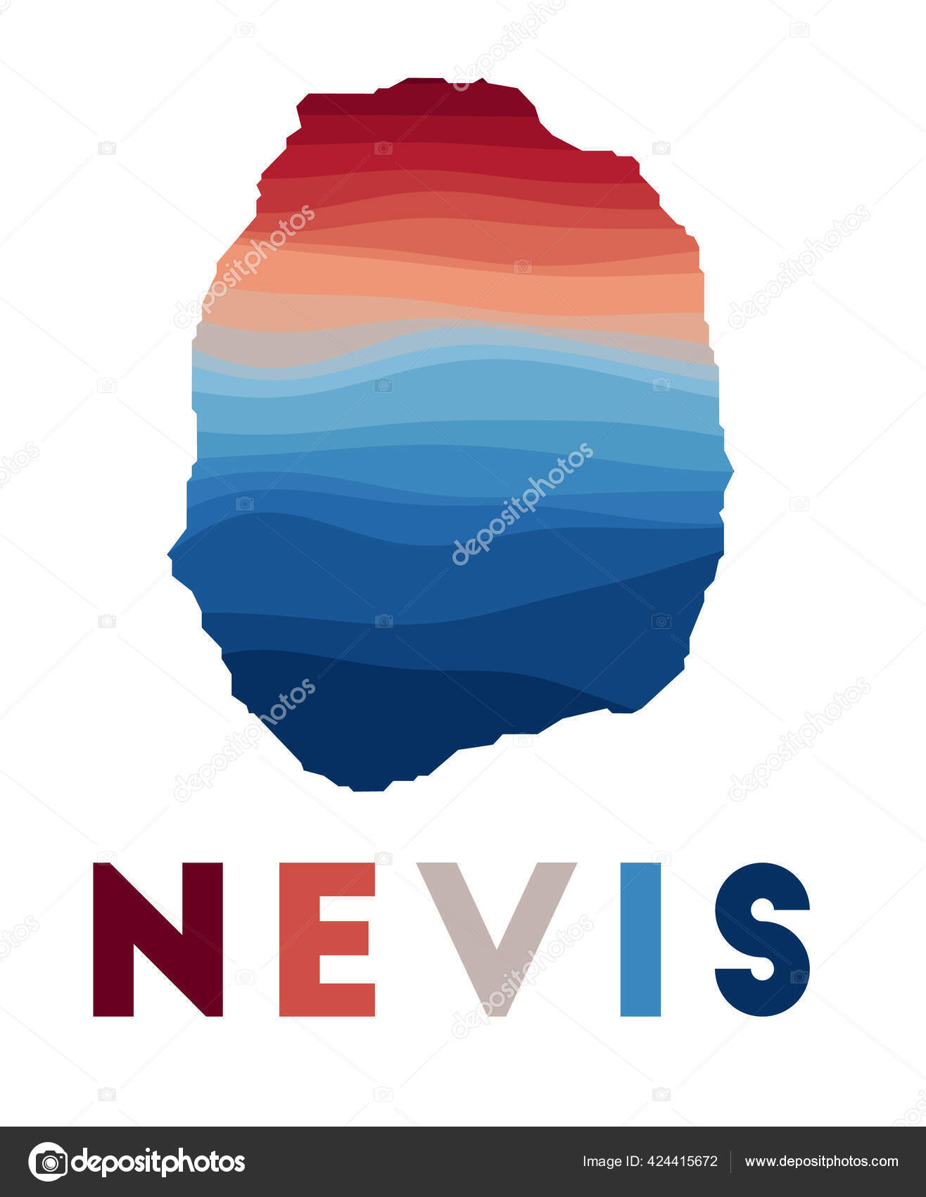 Nevis map Map of the island with beautiful geometric waves in red blue ...