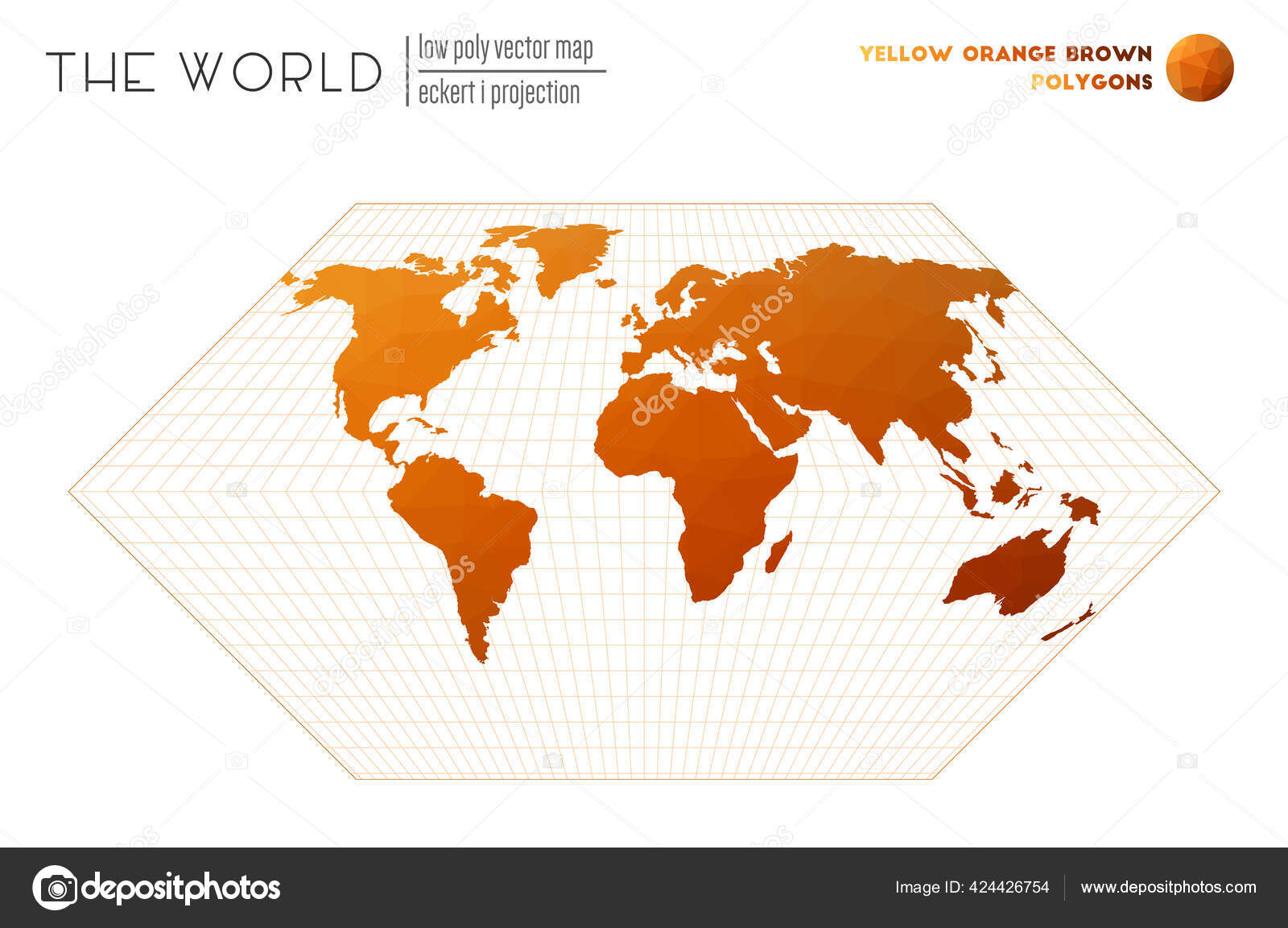 Polygonal world map Eckert I projection of the world Yellow Orange ...