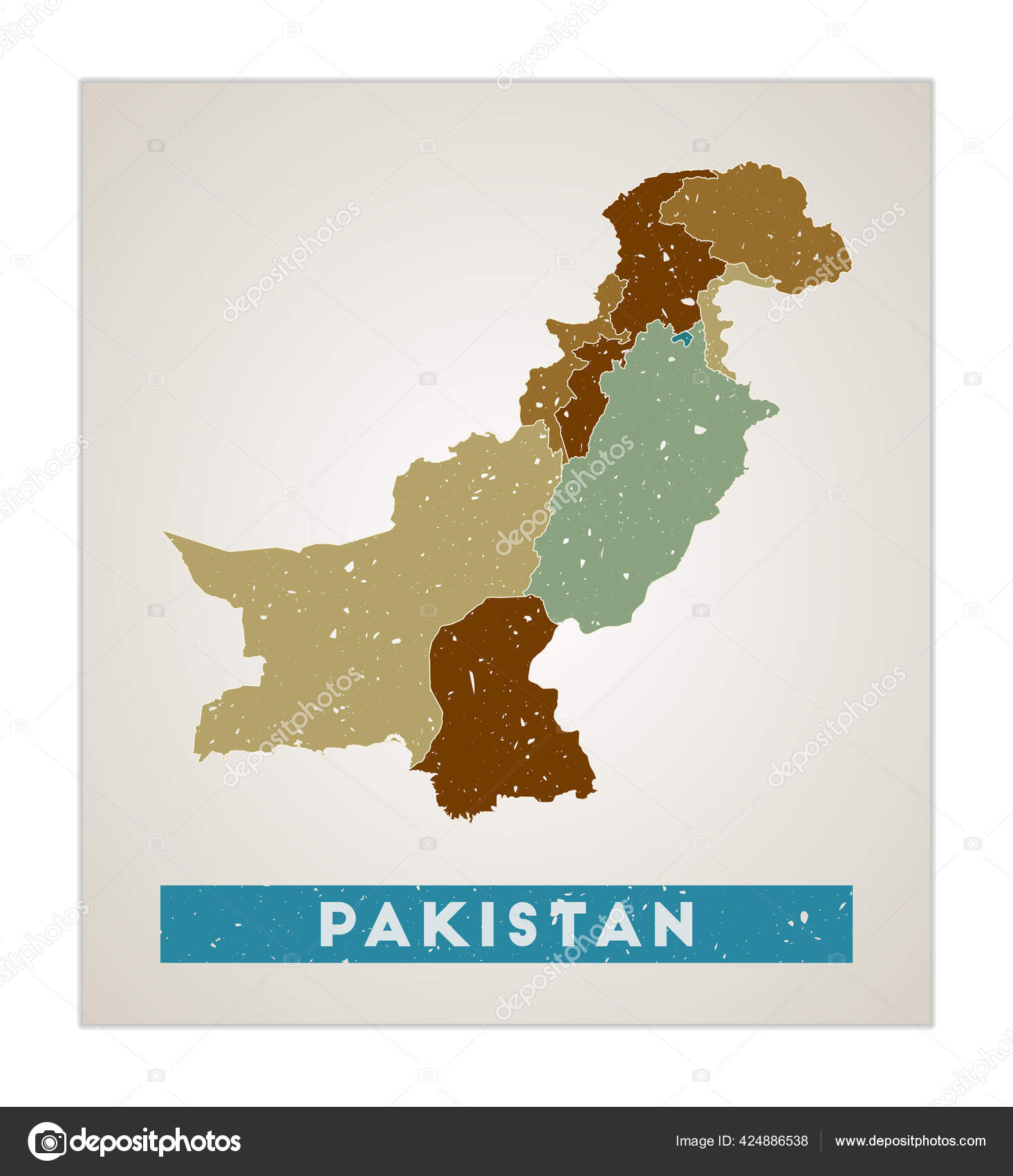 Mapa de Pakistán Afiche de país con regiones Textura grunge antigua ...