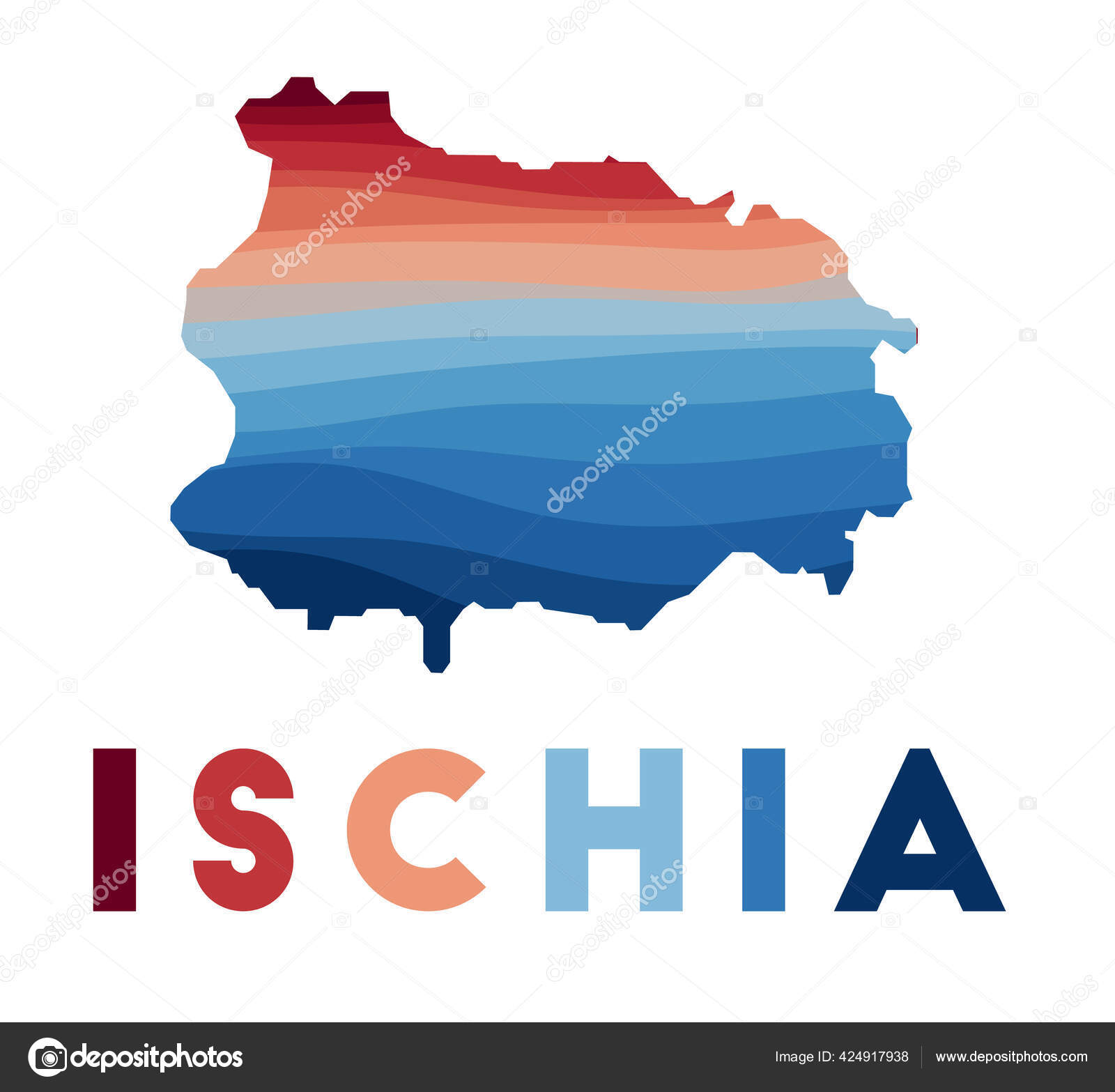 Ischia map Map of the island with beautiful geometric waves in red blue ...