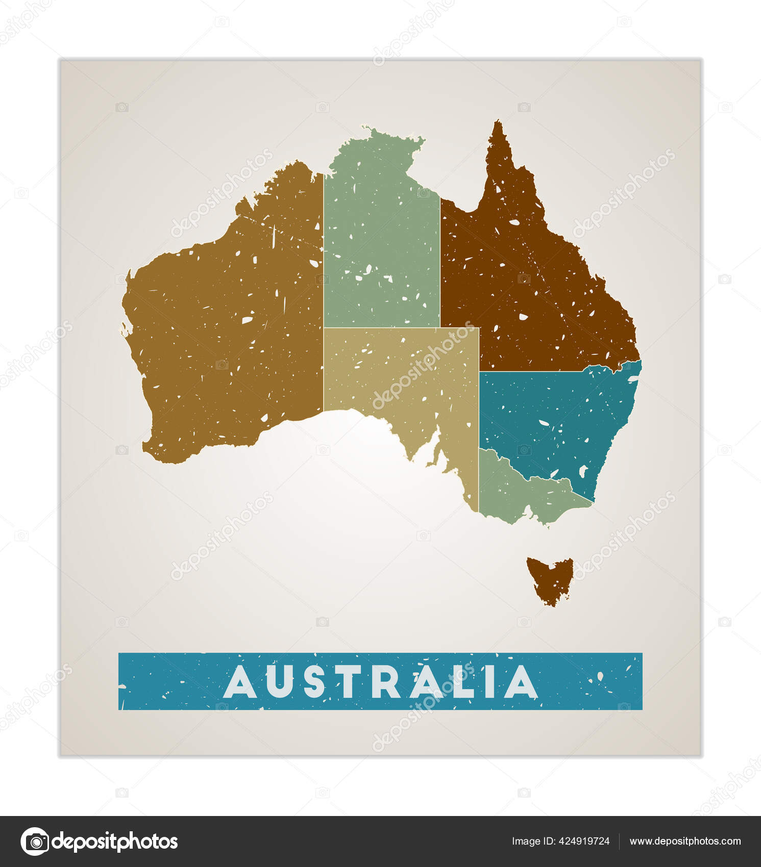 Mapa de Australia Cartel del país con regiones Old grunge texture Forma ...