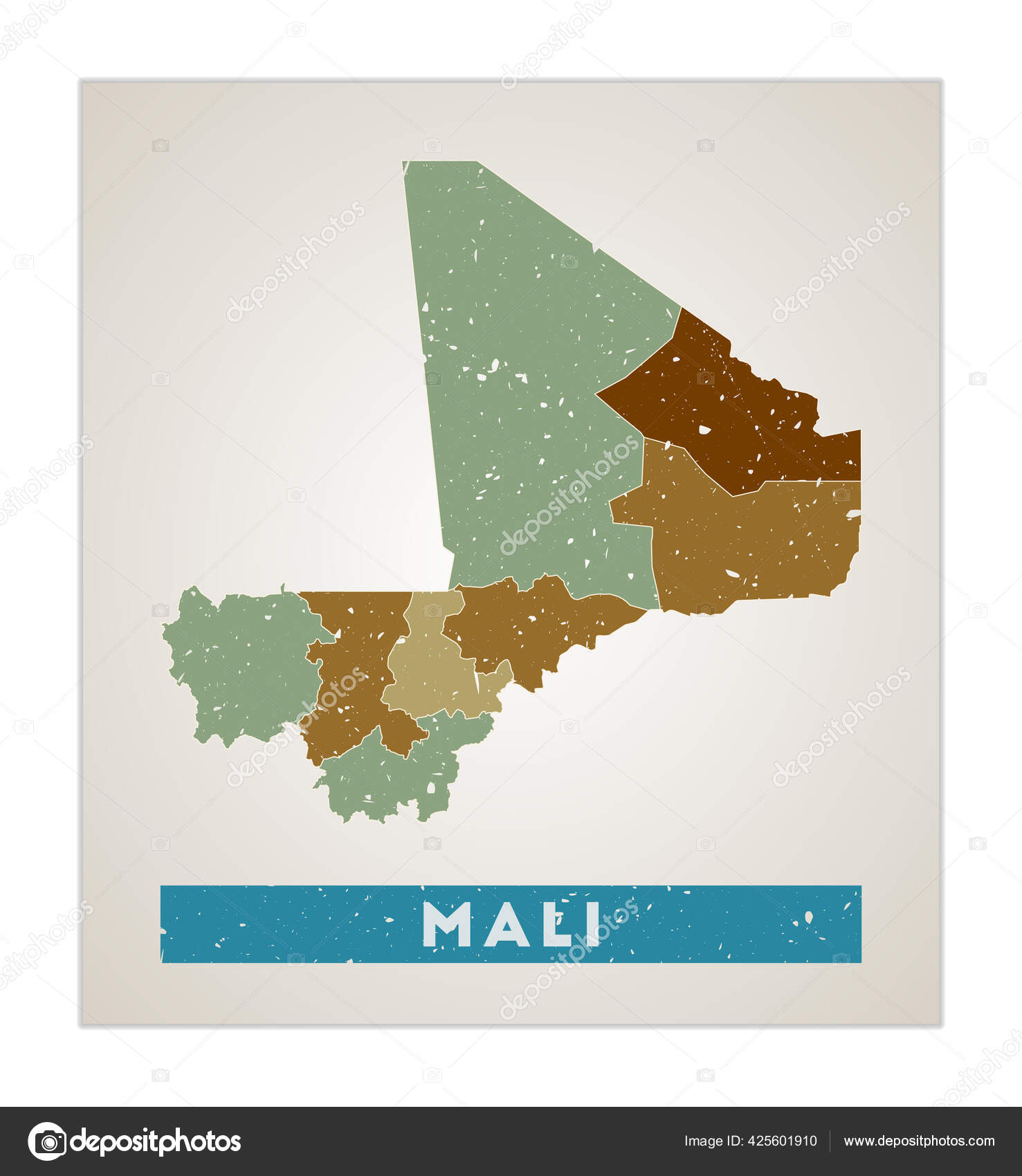 Mali map Country poster with regions Old grunge texture Shape of Mali with country name Superb ...