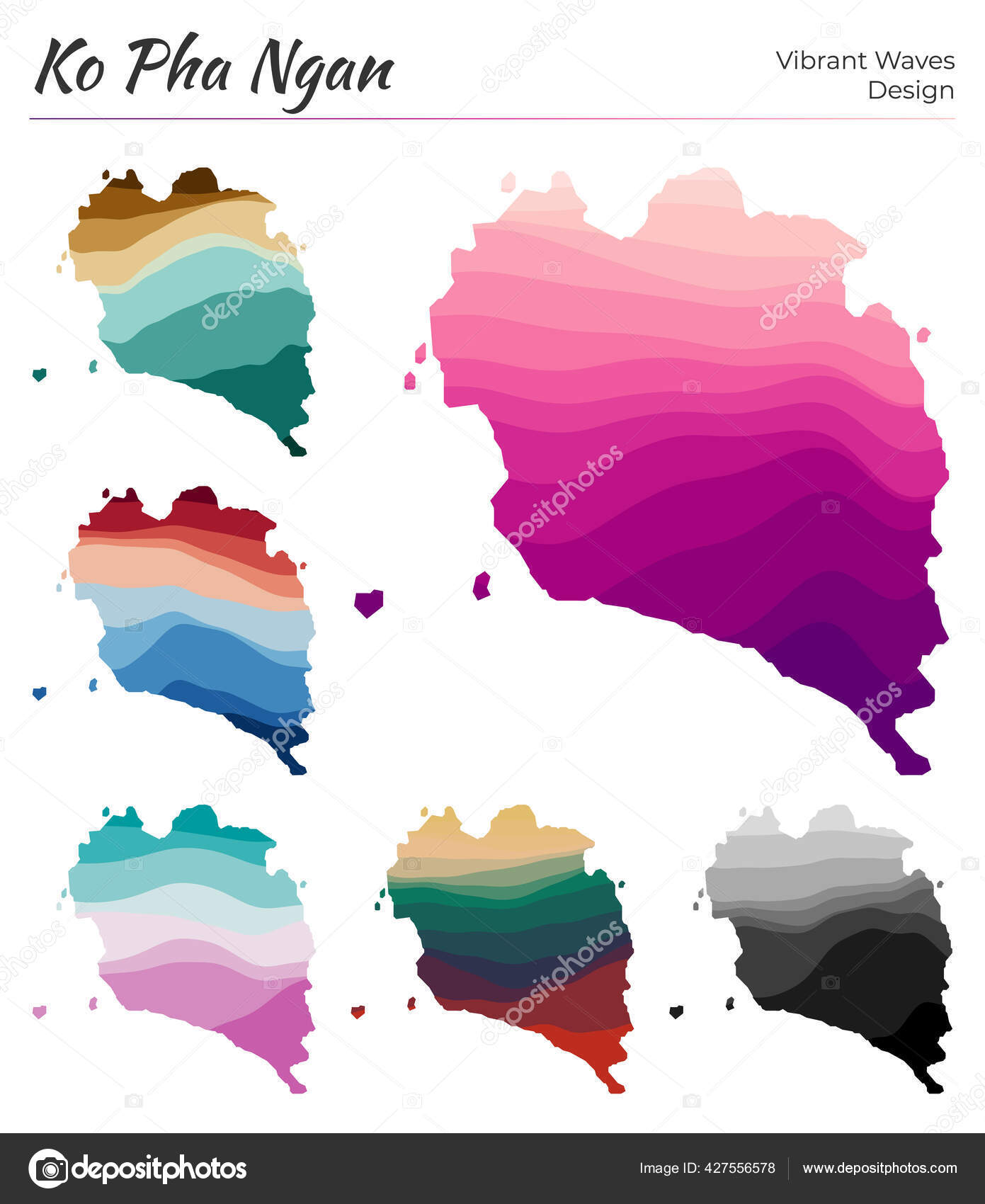 Set of vector maps of Ko Pha Ngan Vibrant waves design Bright map of ...