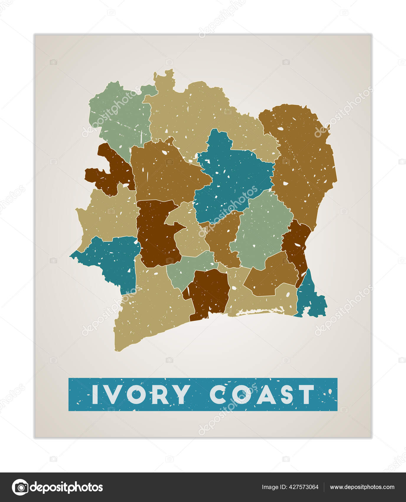 Ivory Coast map Country poster with regions Old grunge texture Shape of ...