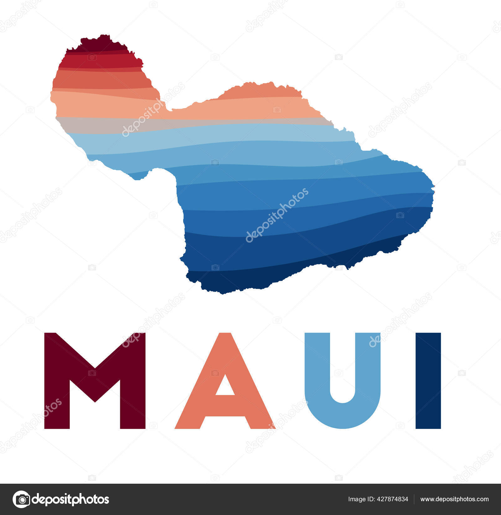 Maui map Map of the island with beautiful geometric waves in red blue ...