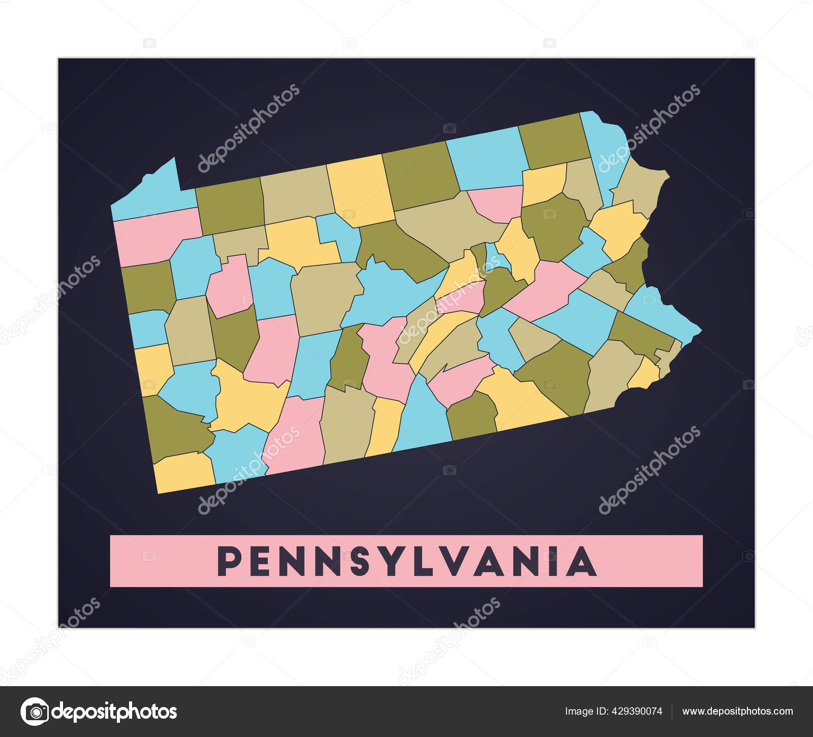 Pennsylvania map Us state poster with regions Shape of Pennsylvania ...