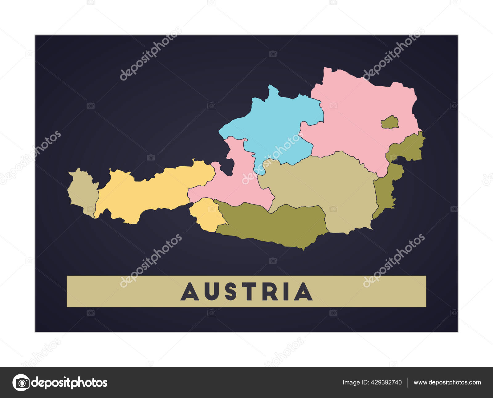 Austria map Country poster with regions Shape of Austria with country ...