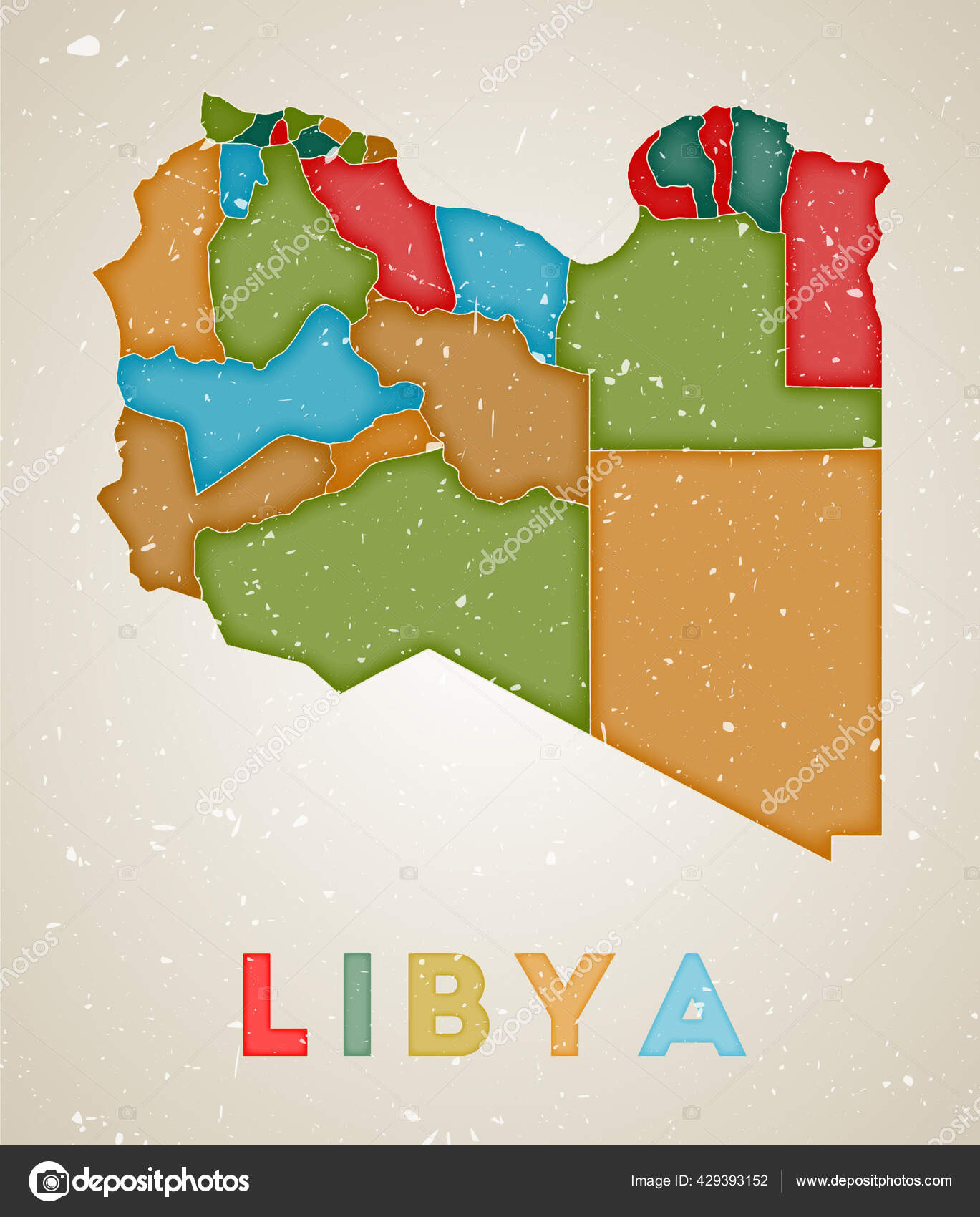Libya map Country poster with colored regions Old grunge texture Vector ...