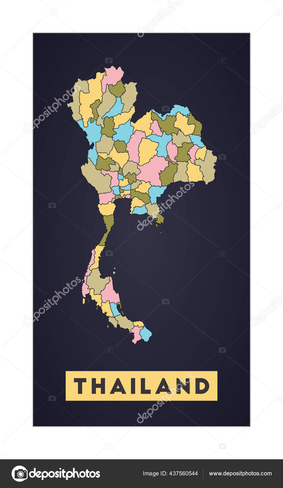 Thajsko mapa Země plakát s regiony Tvar Thajska s názvem země Trendy ...