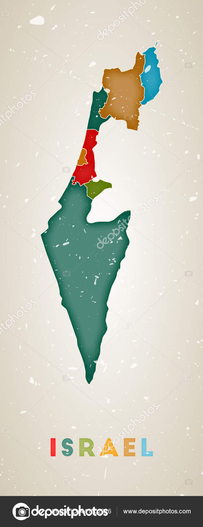 Mapa Izraela Plakat Kraju Kolorowymi Regionami Stara Faktura Grunge Ilustracja wektor stockowy ...
