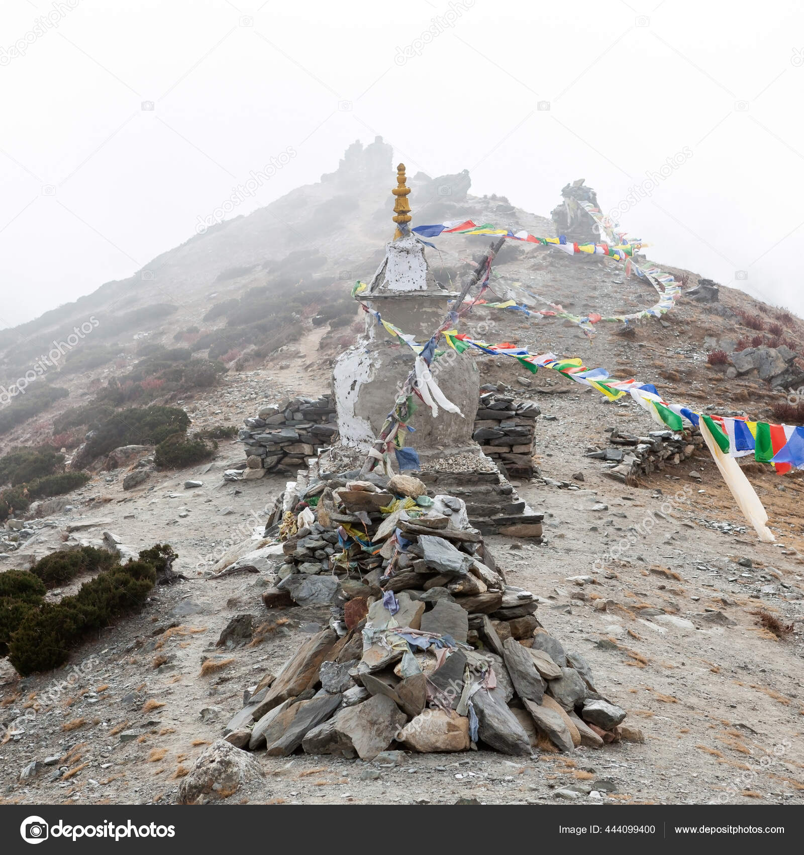 Buddhist gompa with prayer flags in Nepal on Everest base camp trek ...