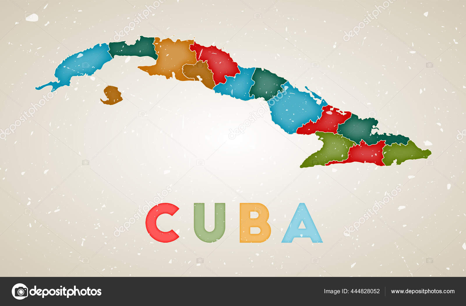 Mapa de Cuba Cartel de país con regiones de colores Textura grunge ...