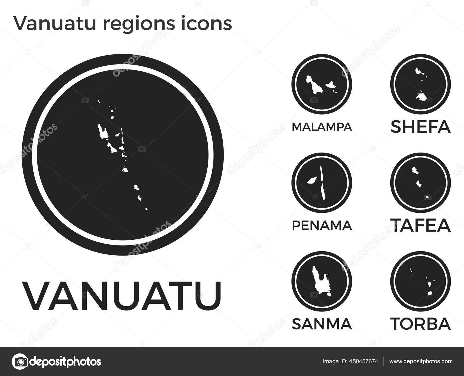 Vanuatu Regiones Iconos Logotipos Redondos Negros Con Mapas Títulos ...