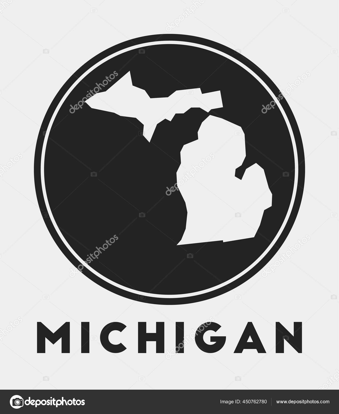 Icono de Michigan Logo redondo con nosotros mapa del estado y título ...