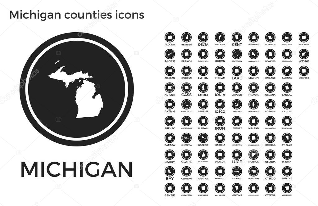 Michigan counties icons. Black round logos with us state counties maps ...