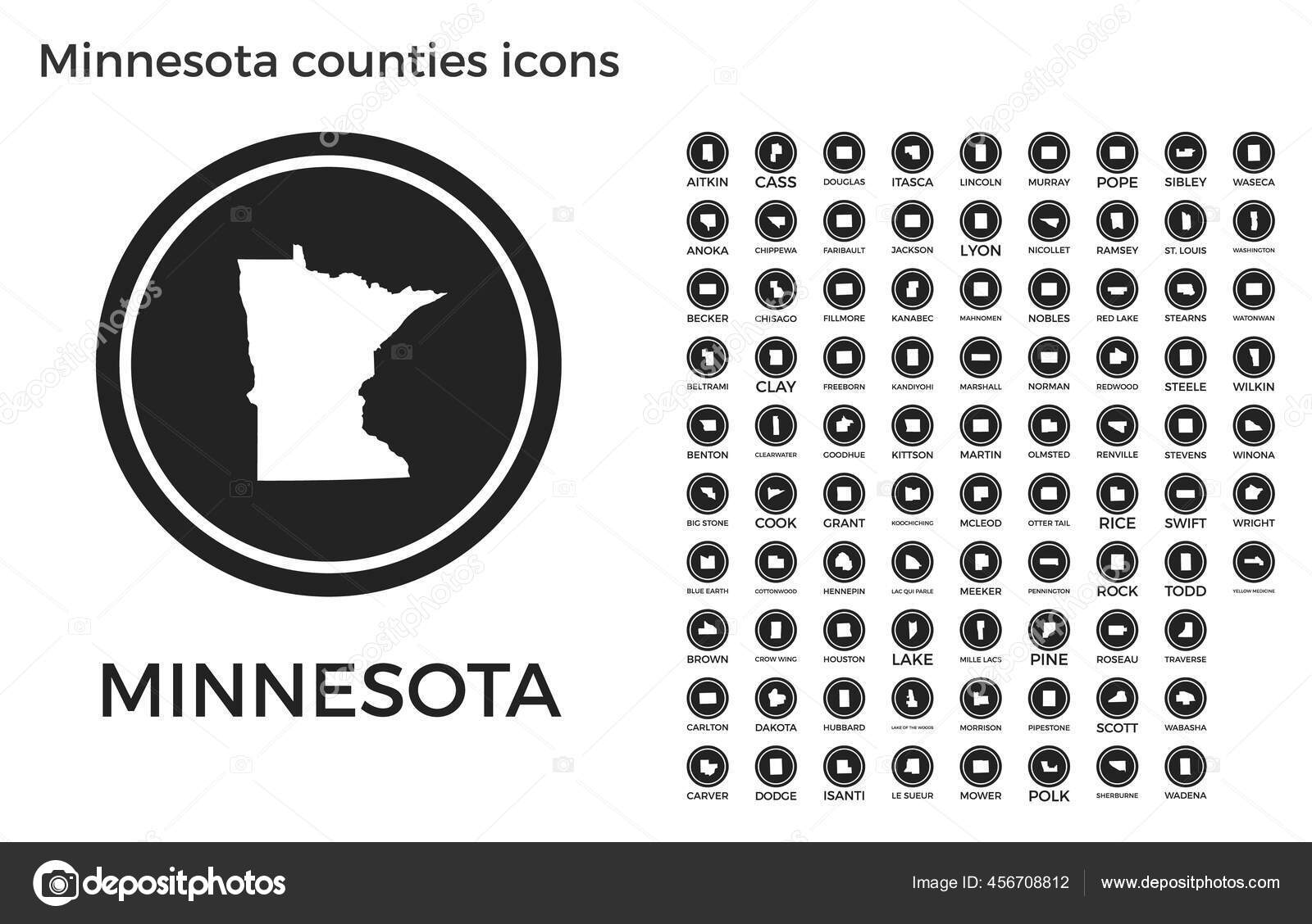 Minnesota counties icons Black round logos with us state counties maps ...