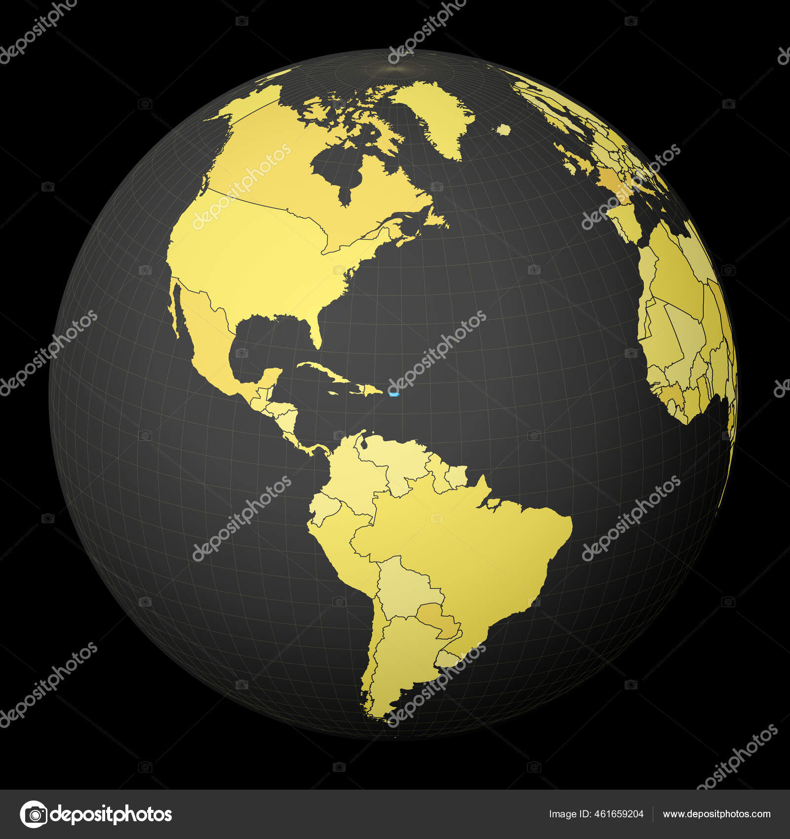 Puerto Rico on dark globe with yellow world map Country highlighted ...