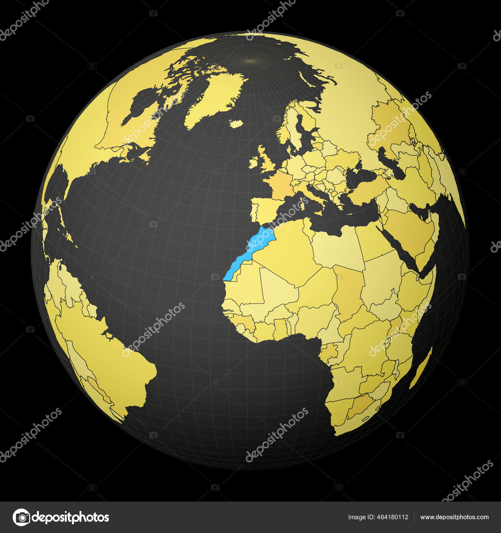 Image vectorielle Maroc sur globe noir avec carte du monde jaune Pays mis en évidence avec la ...