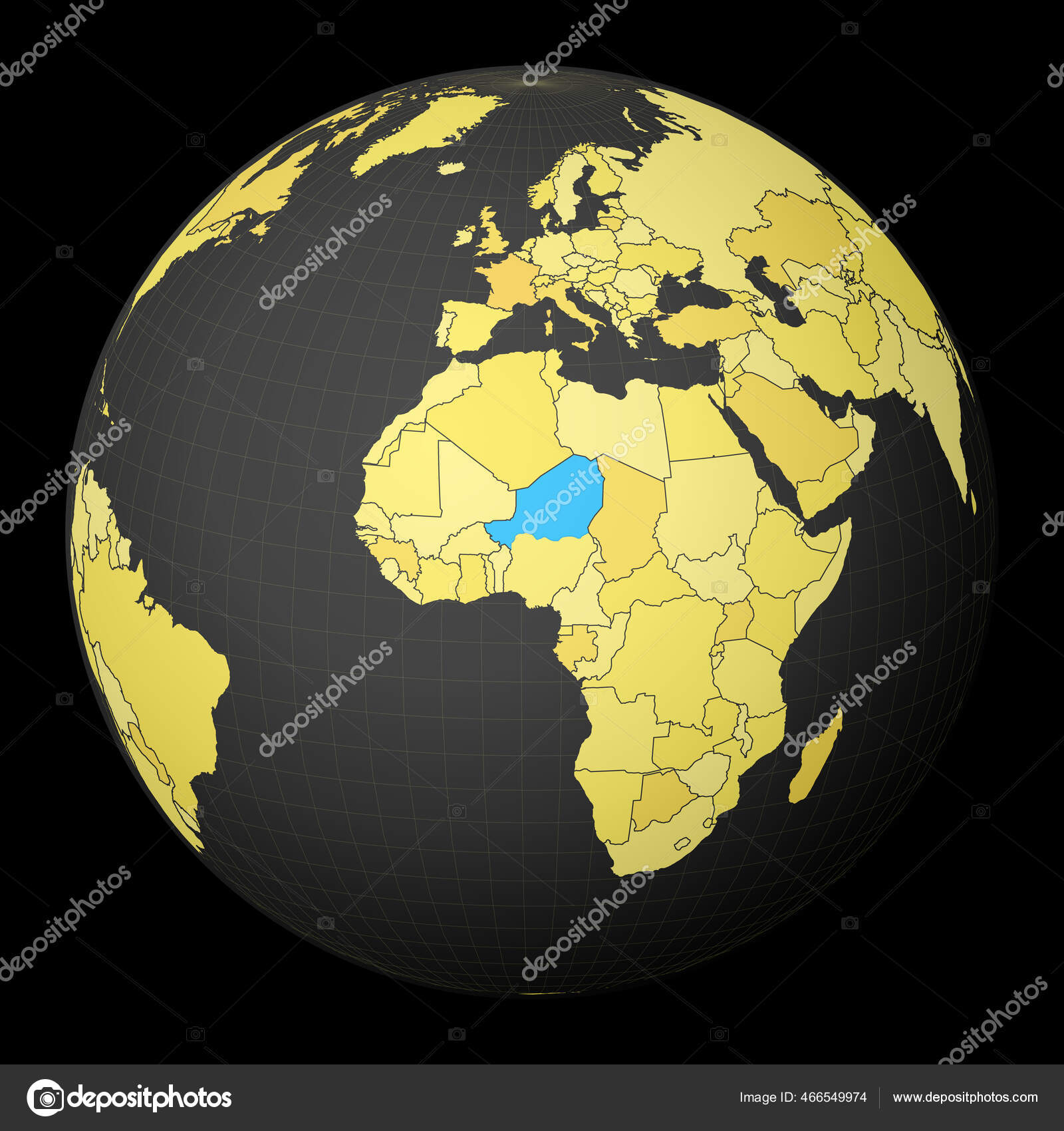 Niger on dark globe with yellow world map Country highlighted with blue ...