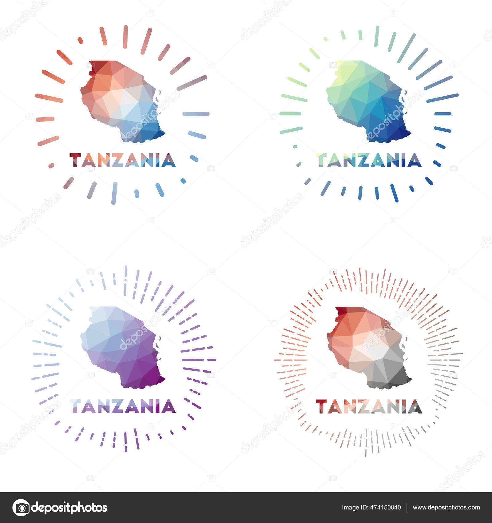 Tanzania low poly sunburst set Logo of country in geometric polygonal style Vector illustration ...