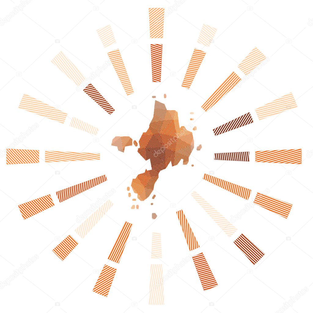 Sark sunburst Rayos de rayas polivinílicas bajas y mapa de la isla Ilustración vectorial ...