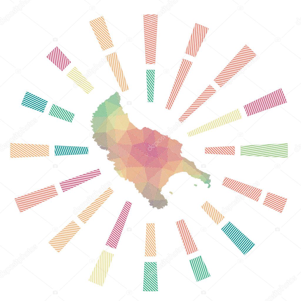 Zakynthos Island sunburst Rayos de rayas polivinílicas bajas y mapa de la isla Ilustración de ...