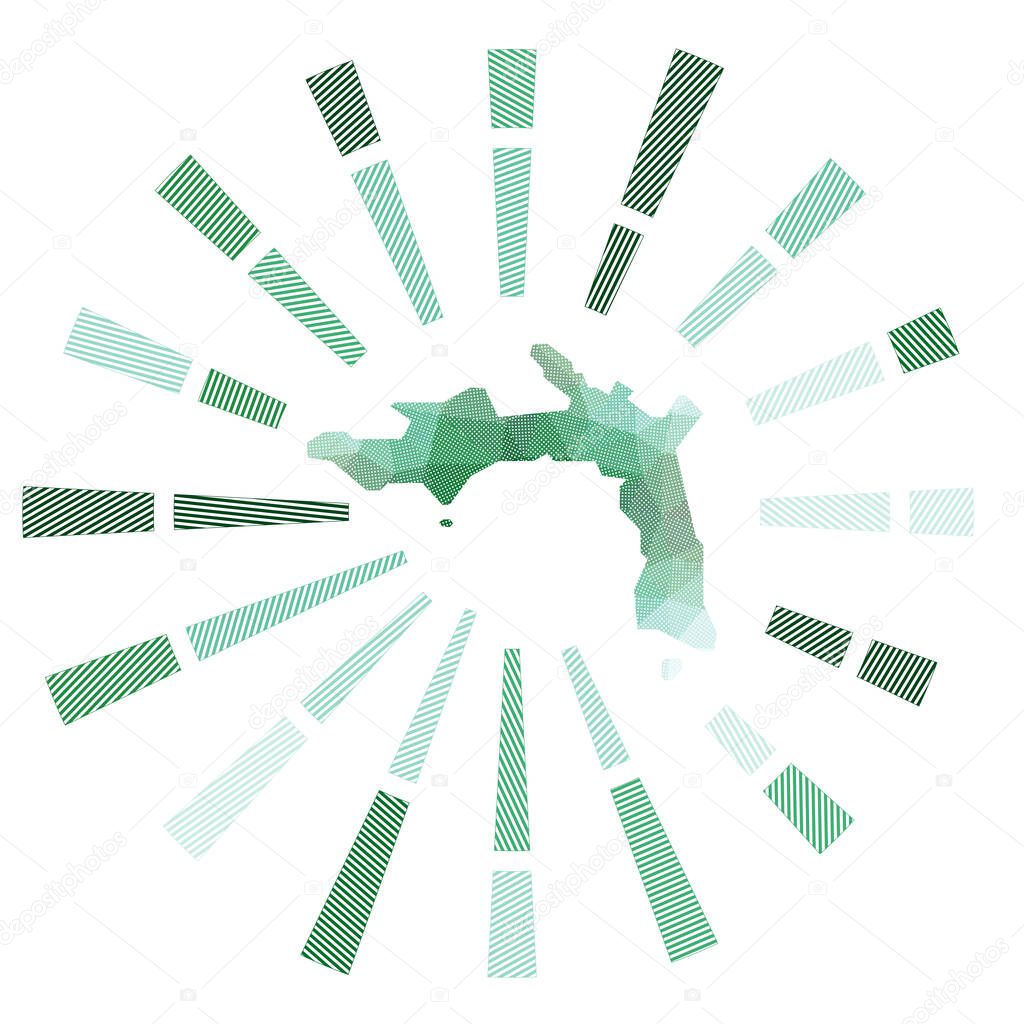 Peter Island sunburst Rayos de rayas polivinílicas bajas y mapa de la isla Ilustración vector ...