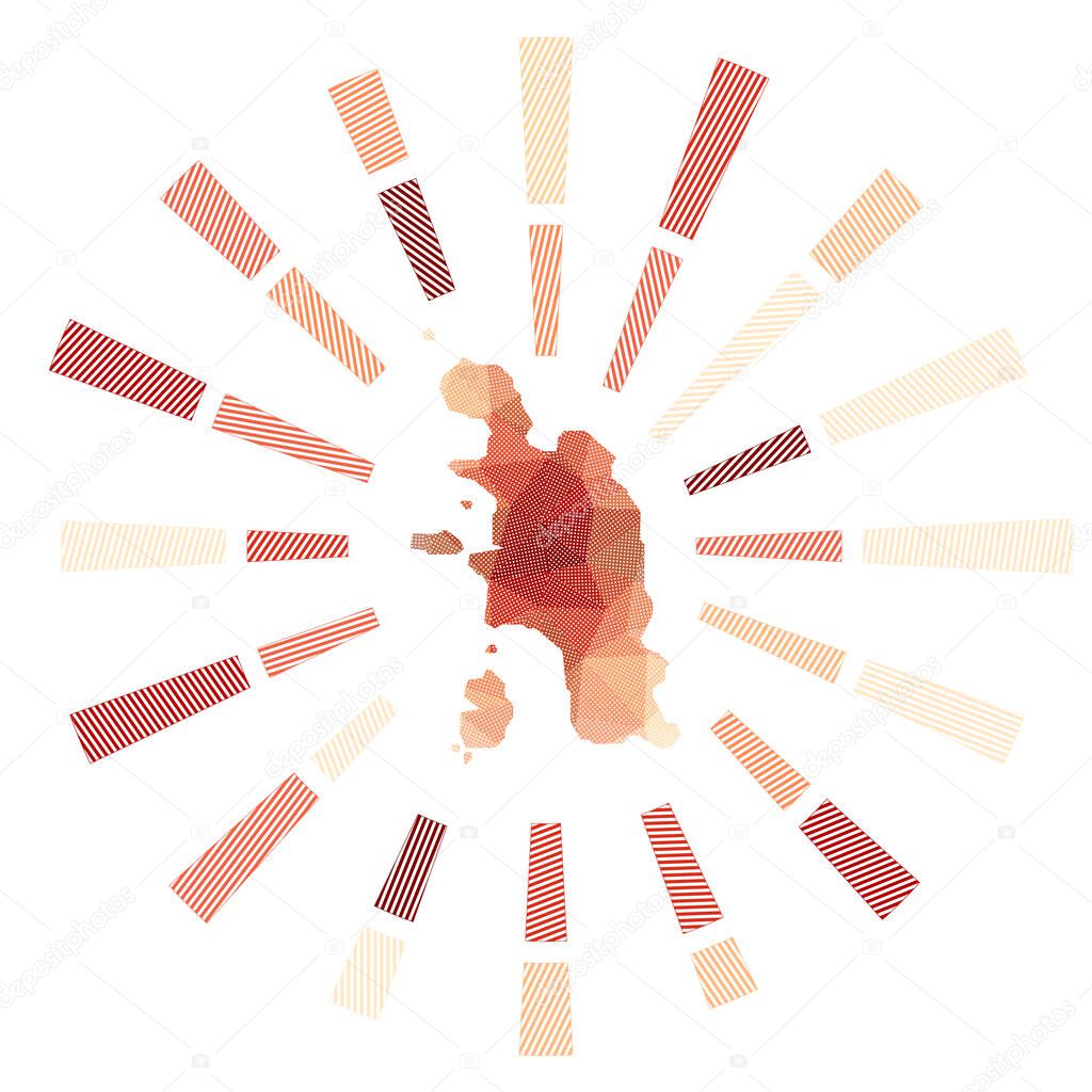 Pangkor Island sunburst Rayos de rayas polivinosas bajas y mapa de la isla Impresionante ...