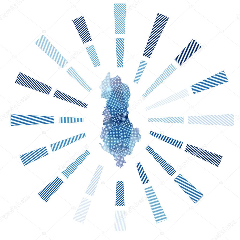 Albania sunburst Rayos de rayas polivinosas bajas y mapa del país Ilustración vectorial ...