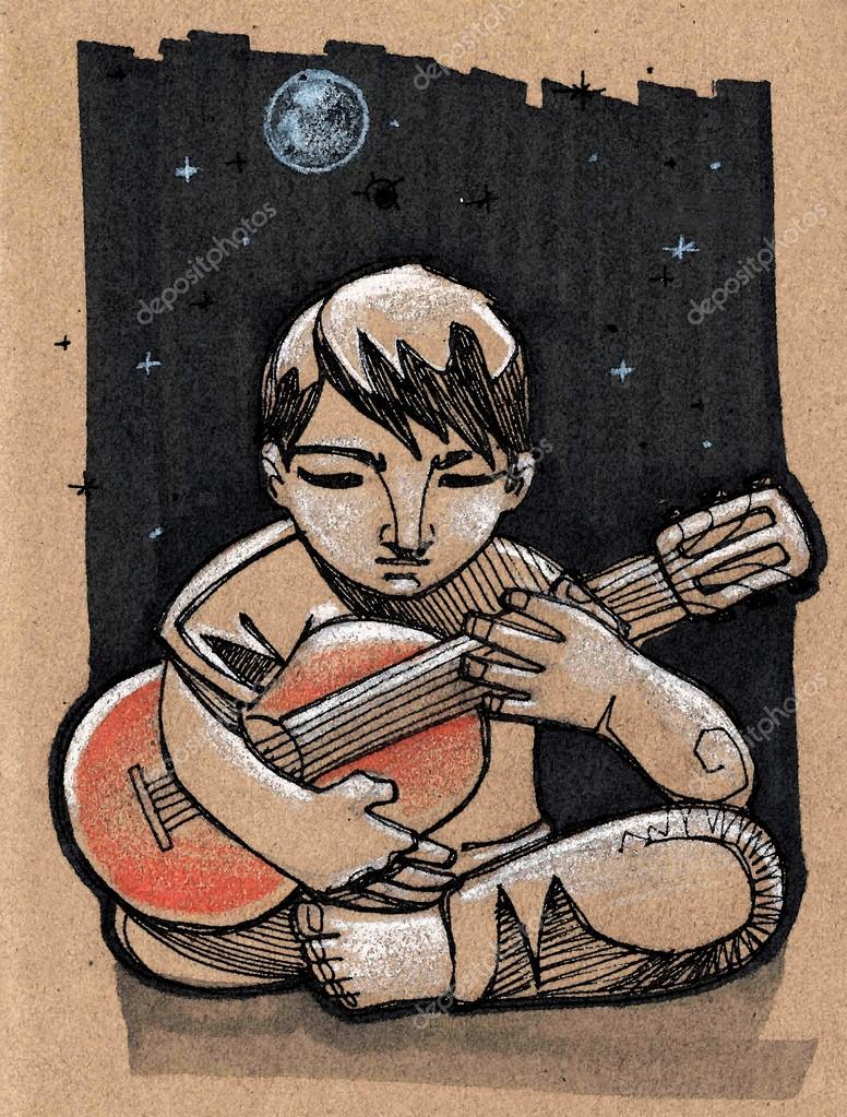Musician with guitar at night Stock Illustration by ©bernardojbp #100624322