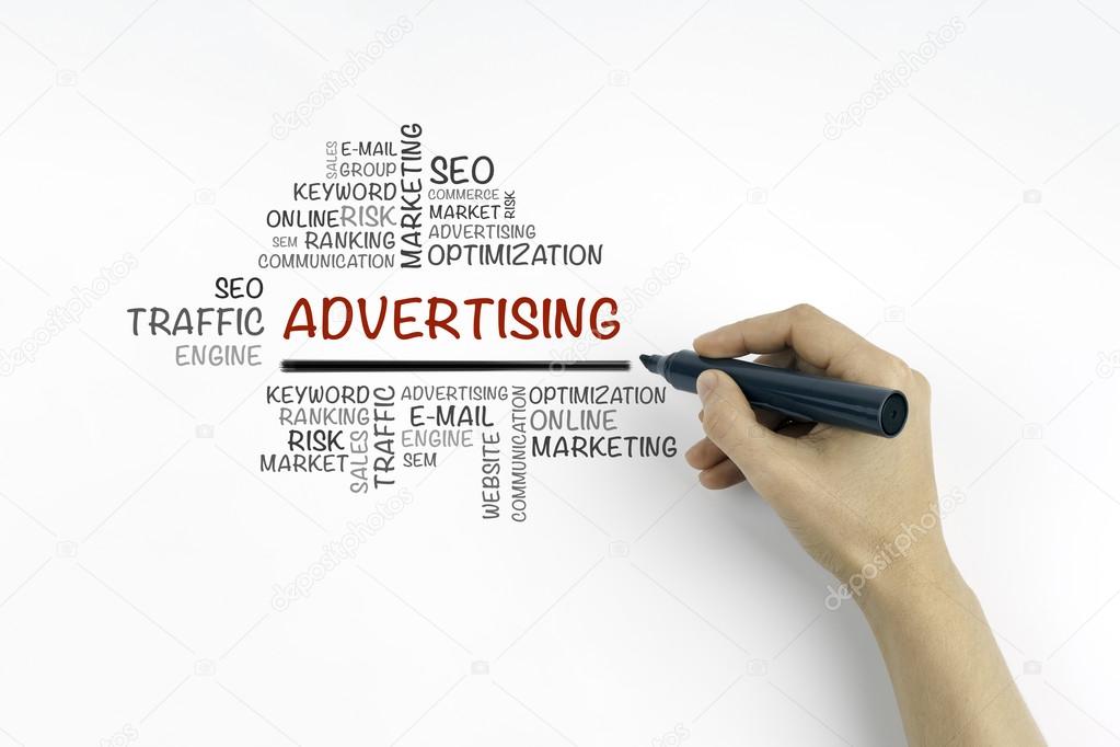 Hand with marker writing Advertising concep — Stock Photo ...