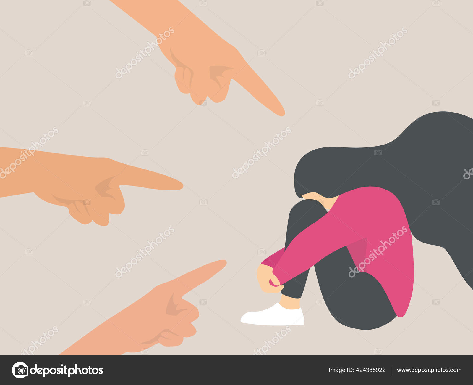 Bullying Concept Pointing Finger Leads Sad Female Hugging Knees ...