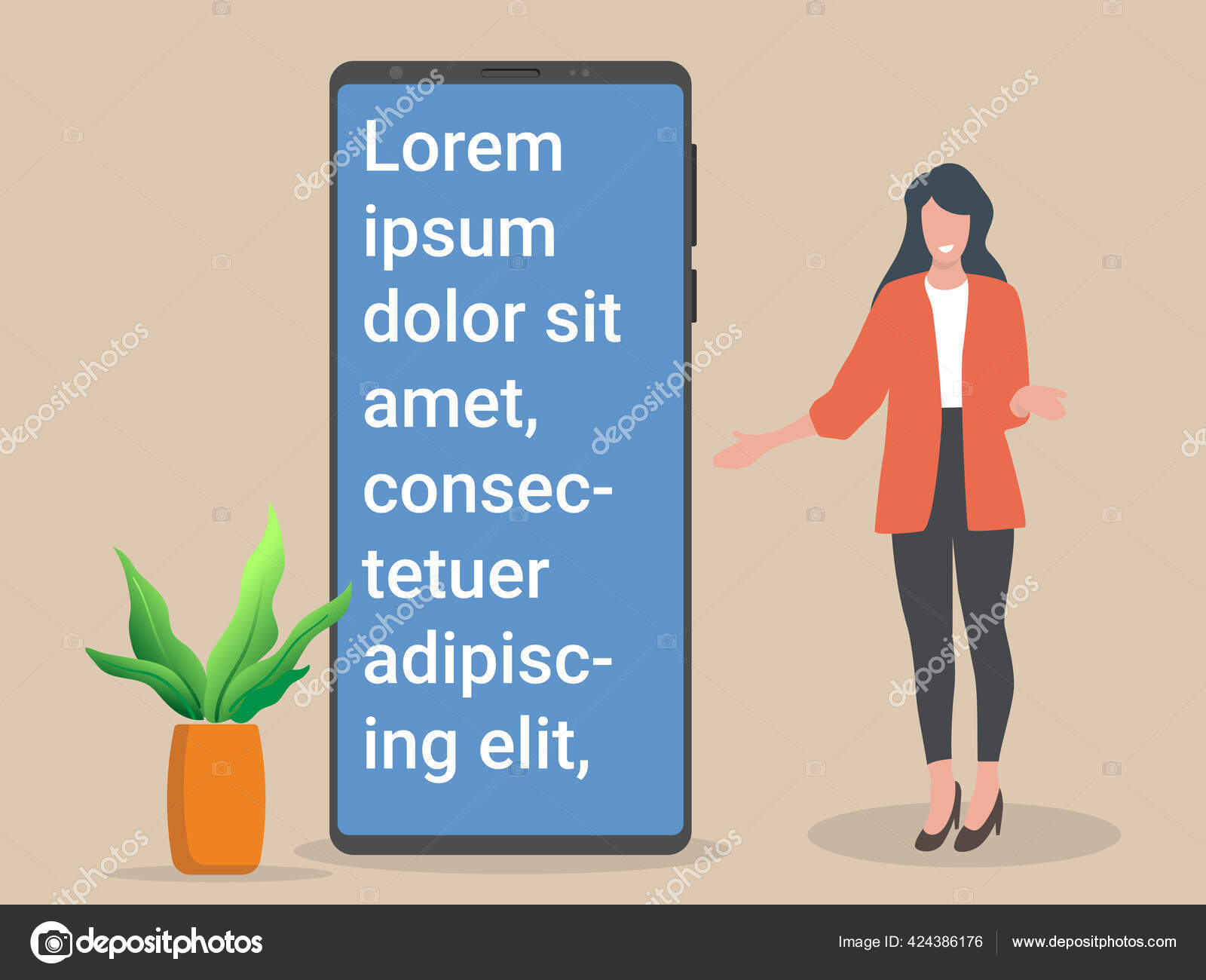 Young Female Character Smartphone Presentation Template Flat Editable ...