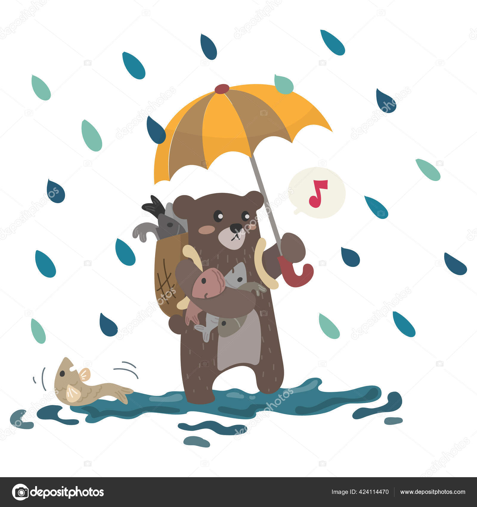 Cute Bear Vector Cartoon Fish Umbrella Rain Fisherman Bear Rain Stock ...